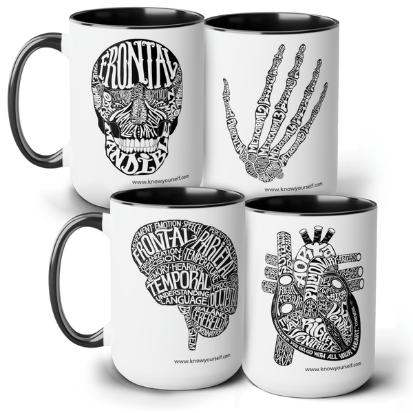 Black Anatomy Mug Set - Skull, Hand, Brain, and Heart - Know Yourself