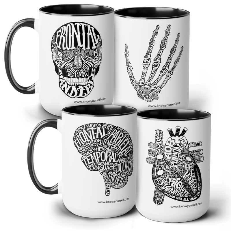 Black Anatomy Mug Set - Skull, Hand, Brain, and Heart - Know Yourself