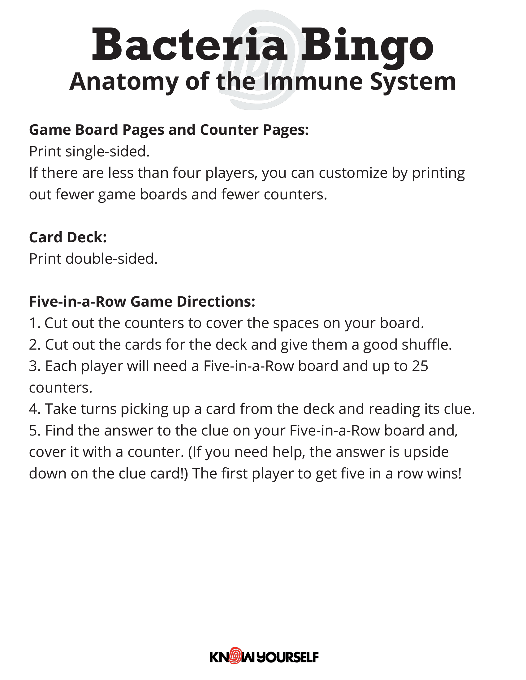 Immune System Bingo Activity - Know Yourself