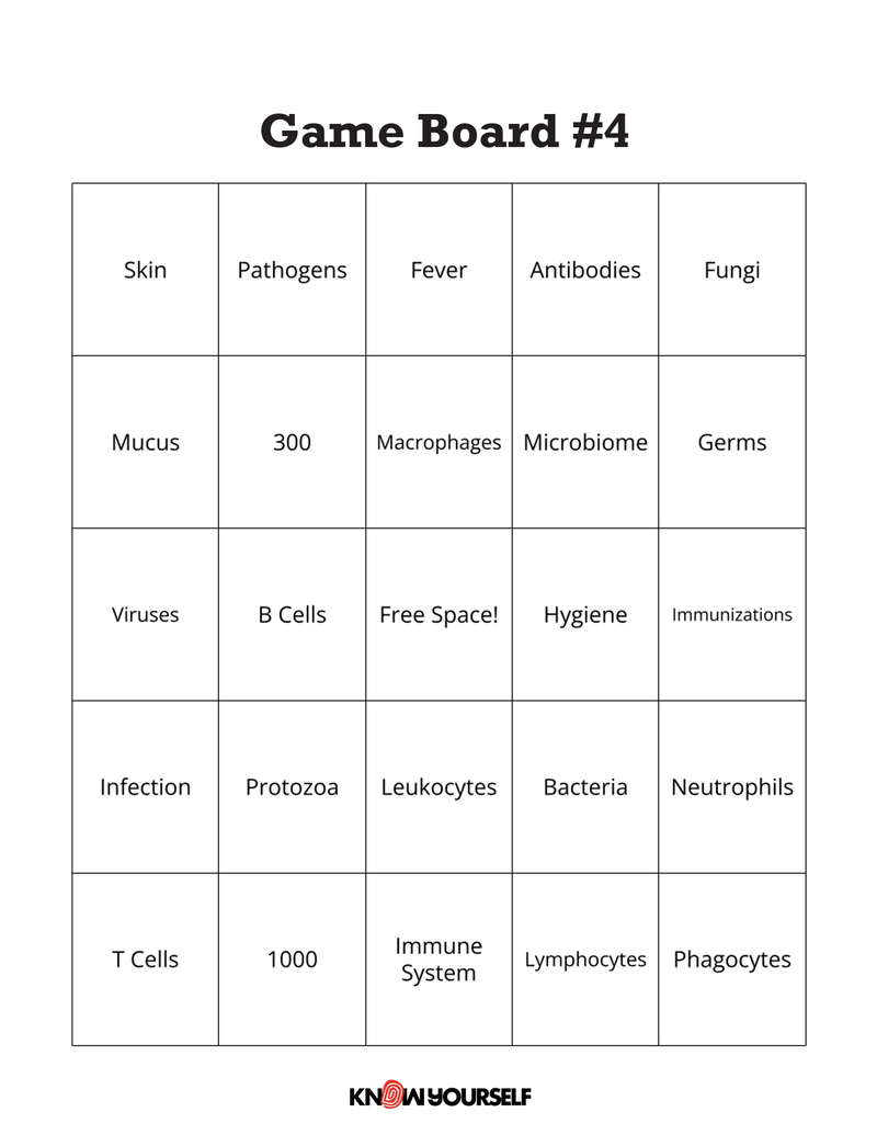 Immune System Bingo - Fun and Educational Download - Know Yourself